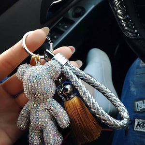 Crystal Bear Keychain Tassel Keyrings Silver Leather Rope Braided Key ...