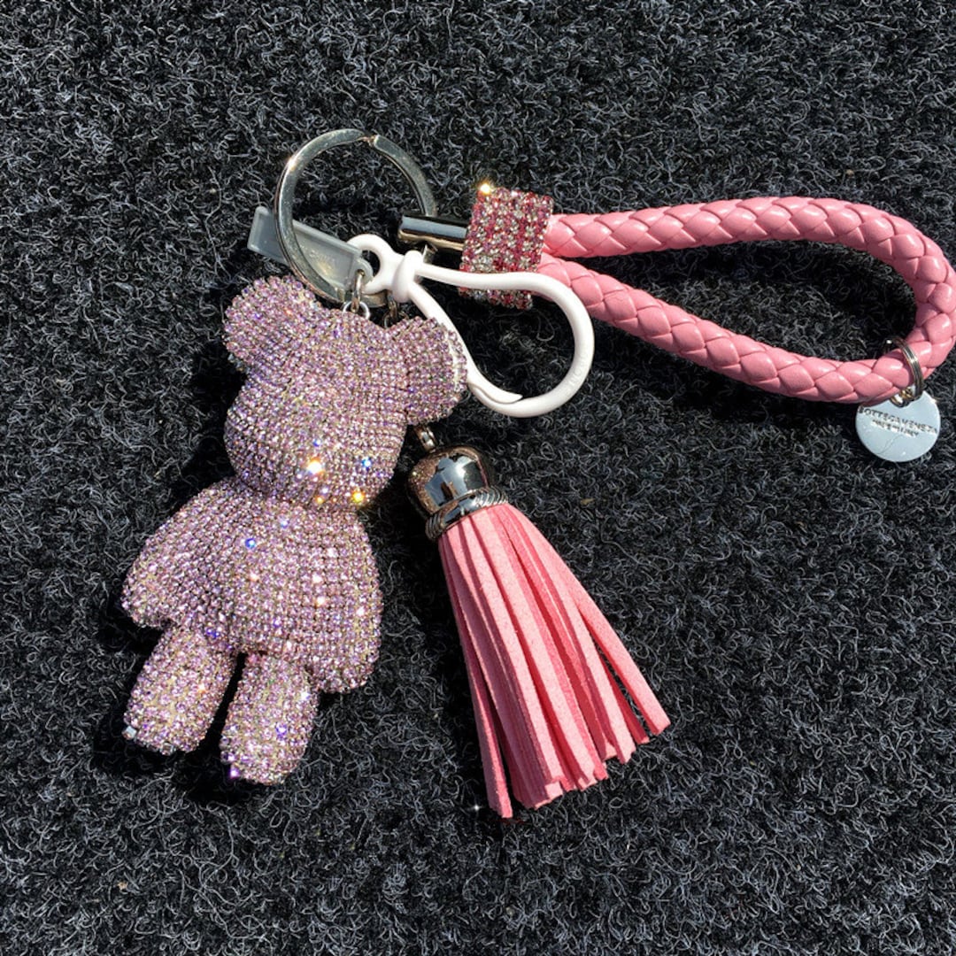 Cute 3 Inch Teddy Bear Keychains Pink Tassel Leather Rope Sparkly ...