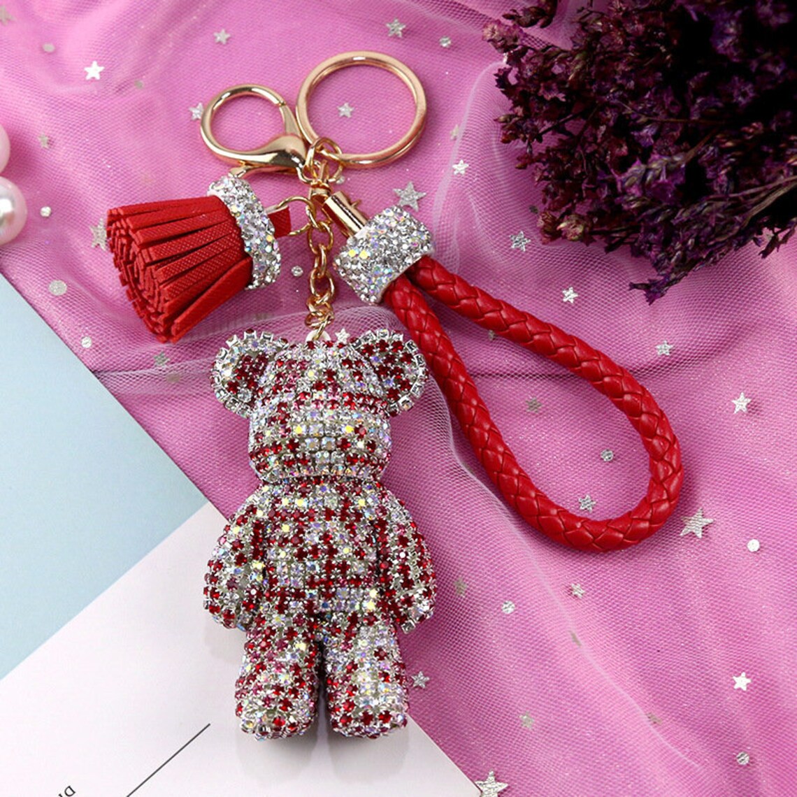 Pink Crystal Bear Key Chains Cute Keyrings Tassel Pink Rope - Etsy