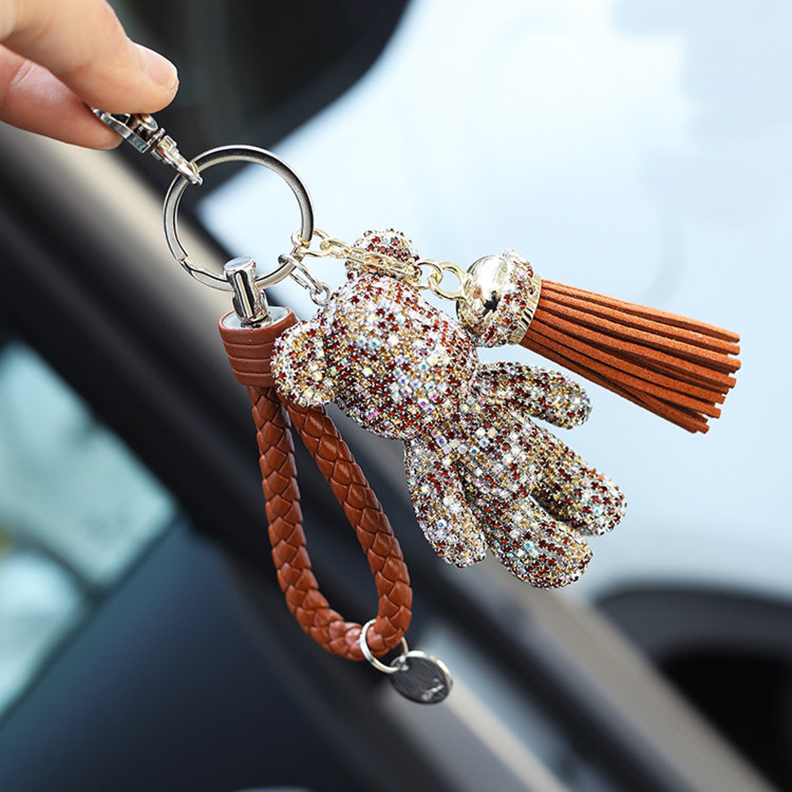 Sparkley Rhinestone Bear Keychains Tassel Rope Braided Leather - Etsy UK