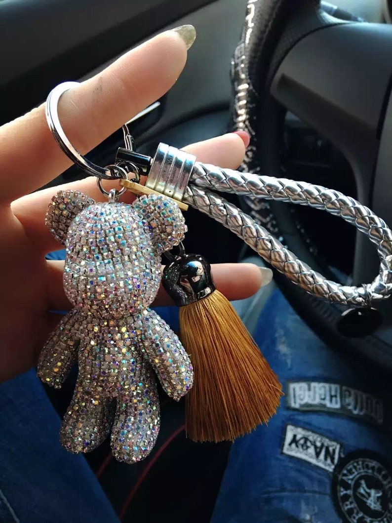 Crystal Bear Keychain Tassel Keyrings Silver Leather Rope - Etsy