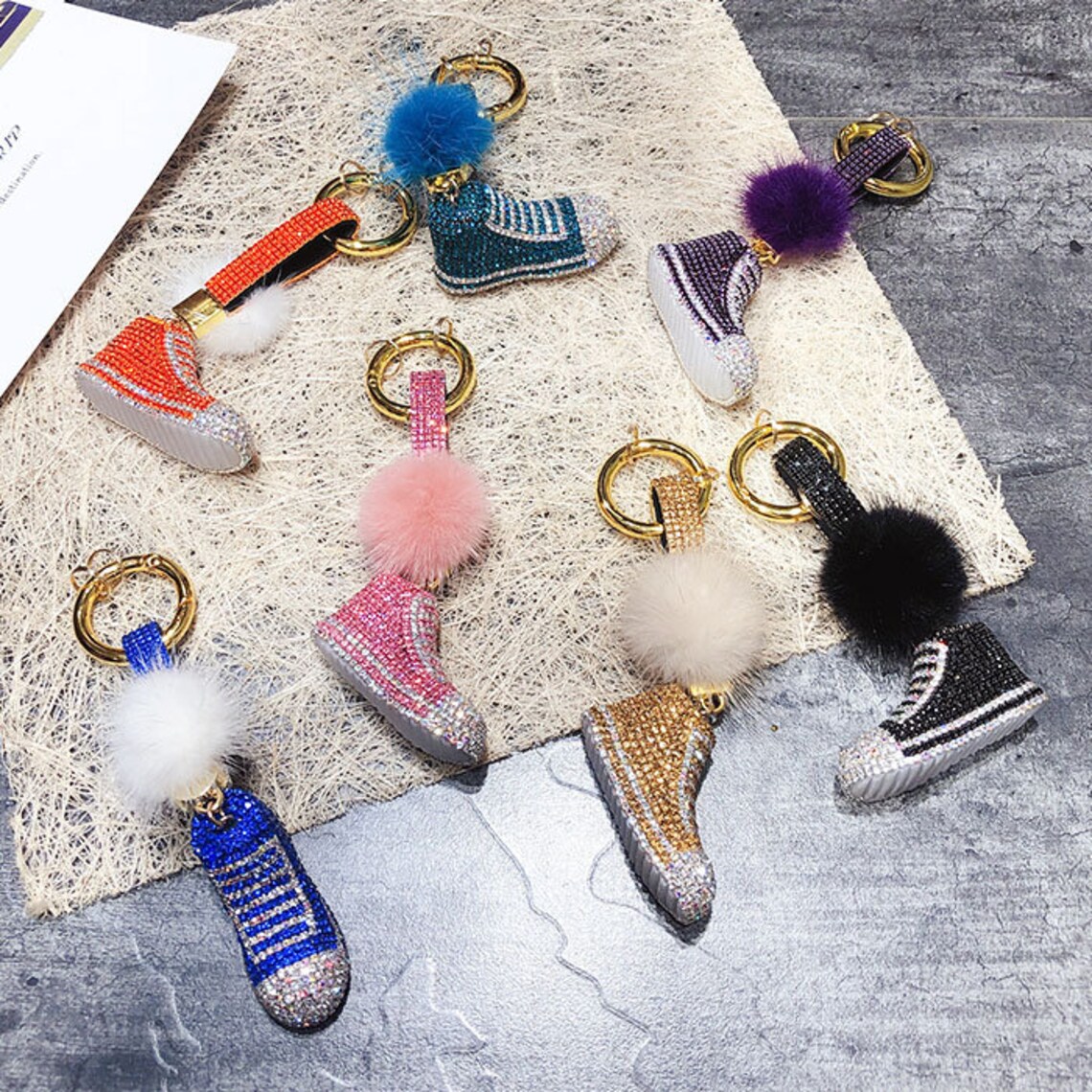Cute Keychain Rhinestone Bling Shoes Charm With Real Fur Puffs - Etsy