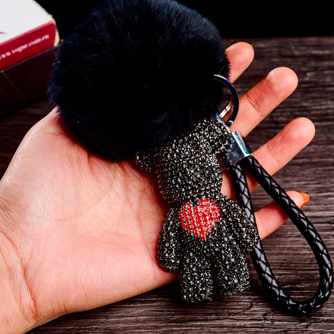 Black Rhinestone Teddy Bear Keychains Bling Bling Keyring Leather ...