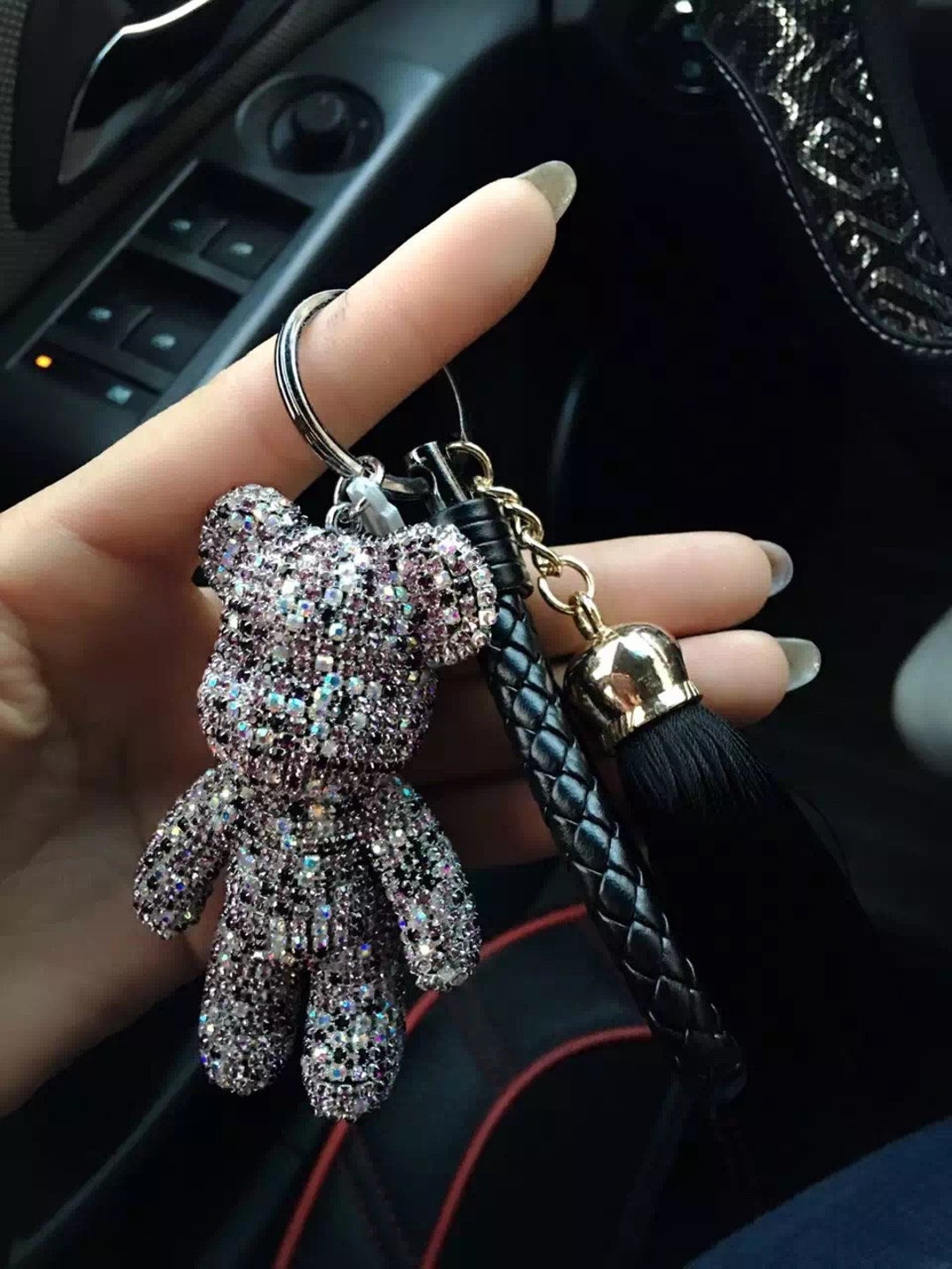 Rhinestone Teddy Bear Keychains Tassel Leather Lanyards - Etsy