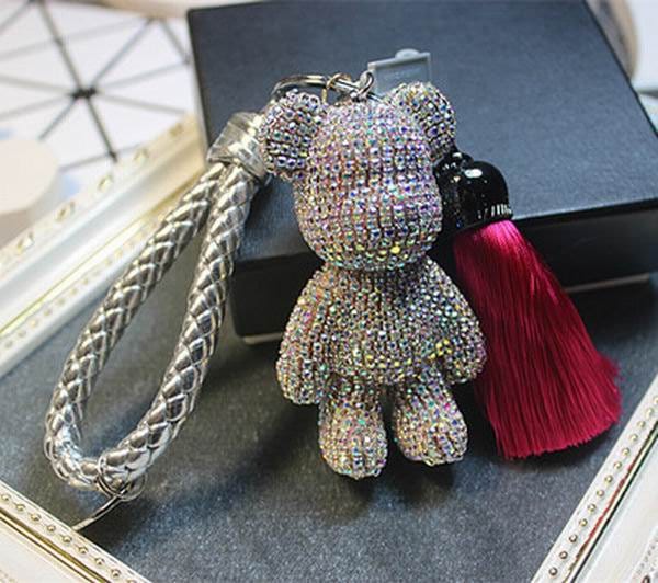 Crystal Bear Keychain Tassel Keyrings Silver Leather Rope | Etsy