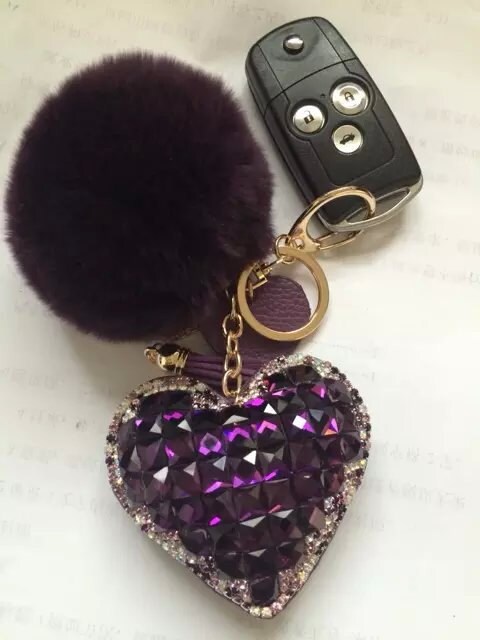 Cute Women Bag Charms Purple Diamonds Heart Charms Attach Purple Fur ...