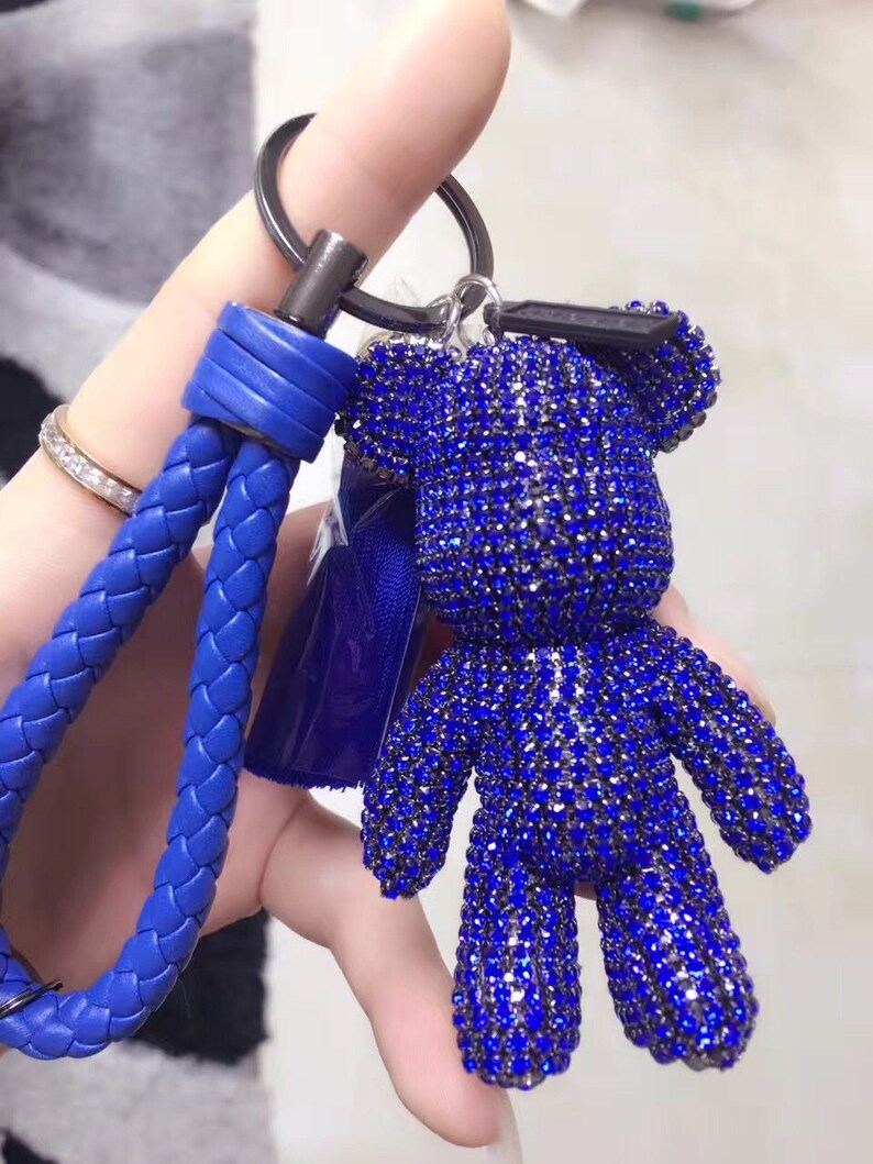 Royal Blue Crystal Bear Keychains Tassel and Leather Rope Kesy | Etsy