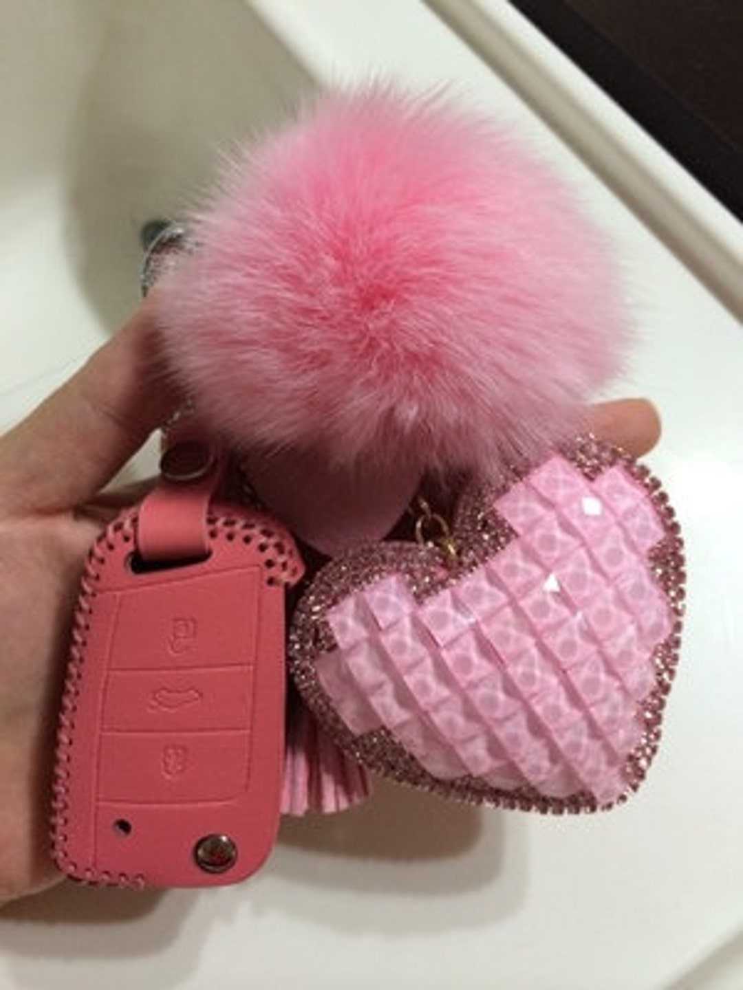 Pink Cute Women Bag Charms Pink Diamonds Heart Charms Attach Pink Fur ...