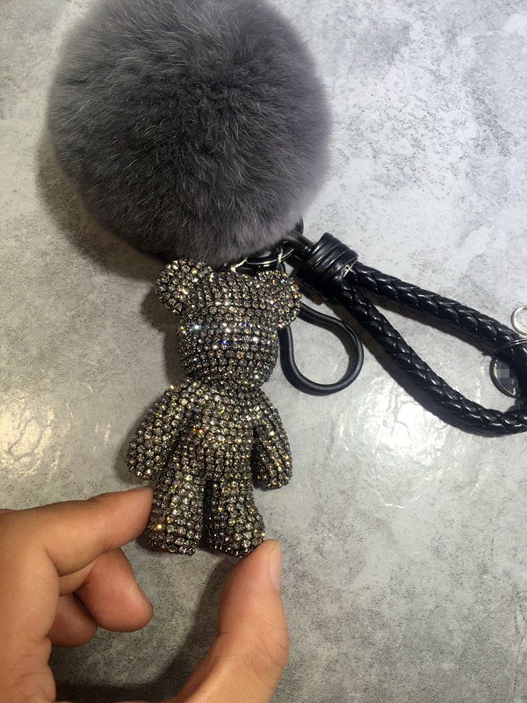 Teddy Bear Keychain Gray Rhinestone Grey Pompoms Puffs Furry Ball ...