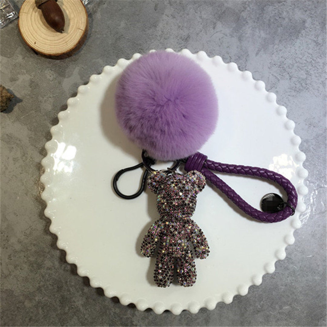 Diamond Teddy Bear Keychain With Lavender Pompom Leather Rope Keyring ...