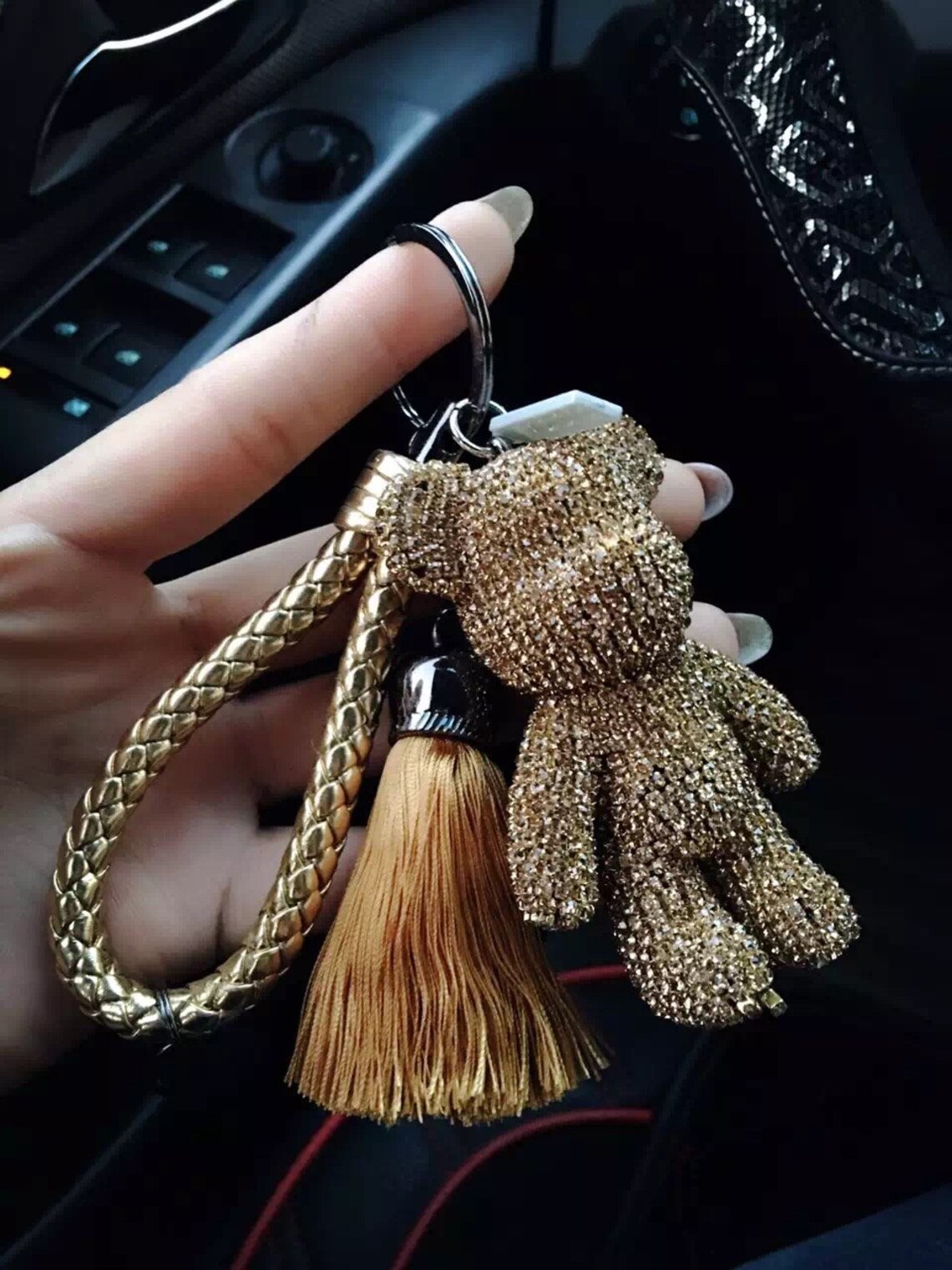 Sparkley Rhinestone Bear Keychains Tassel Rope Braided Leather - Etsy UK