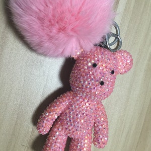 Crystal Bear Key Chains Bag Charms Pink Bling Teddy Bear With Pink Pom ...