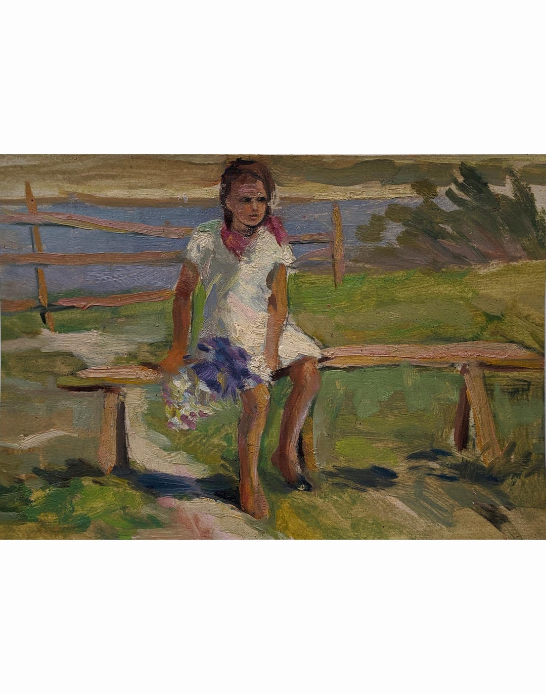 VINTAGE OIL PAINTING by Ukrainian Artist - I.yukhno, Girl on a Bench ...