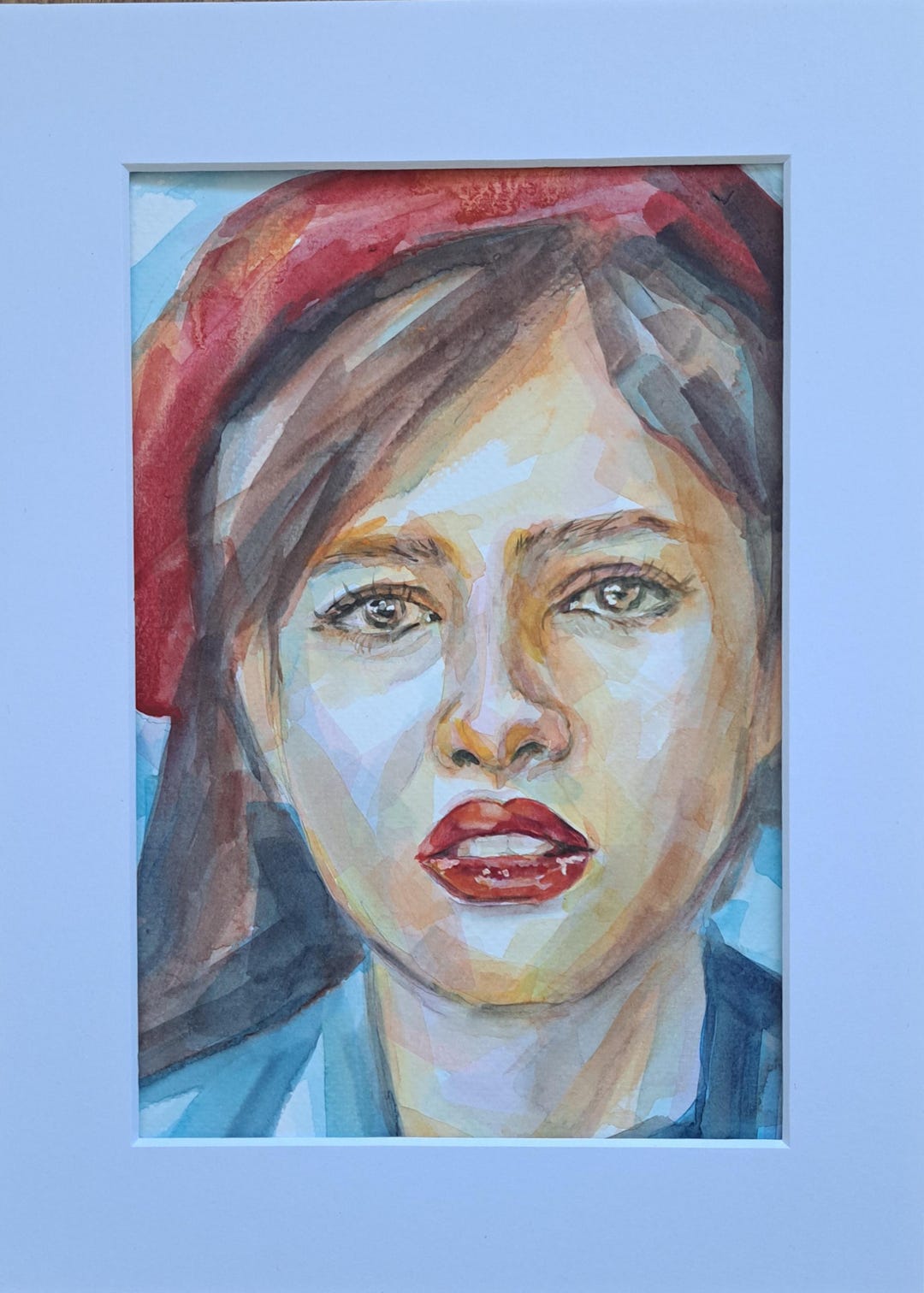 Girl With a Red Beret. ORIGINAL Watercolour Portrait in Mount - Etsy