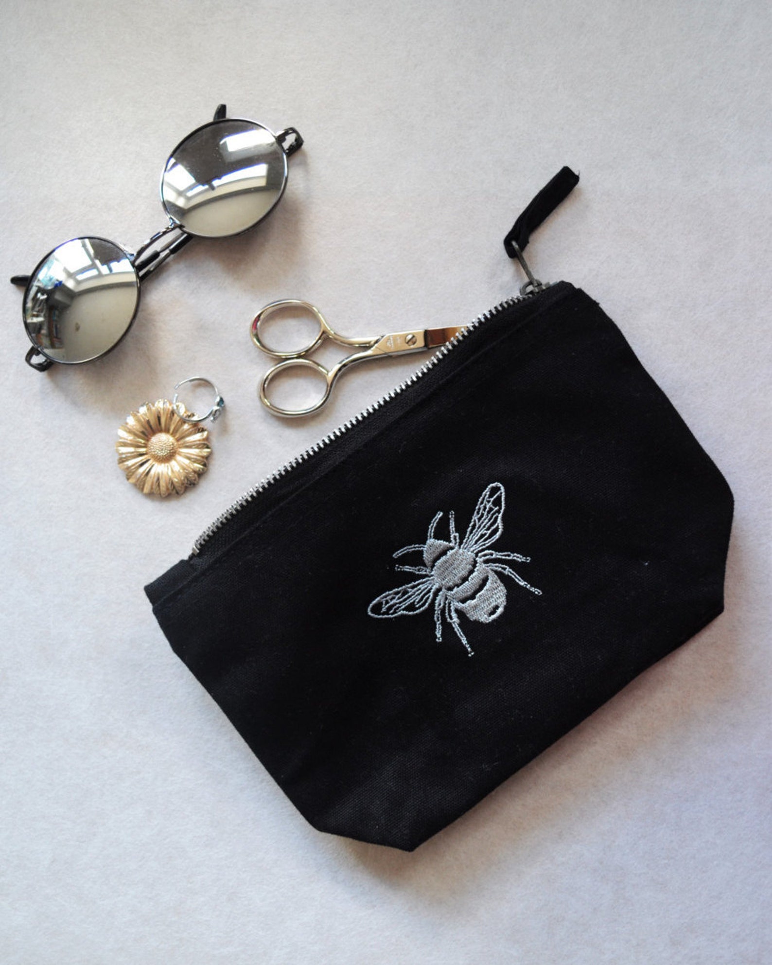 Mini Bee Embroidered Black Make-up Accessorypurse Bag Bee - Etsy
