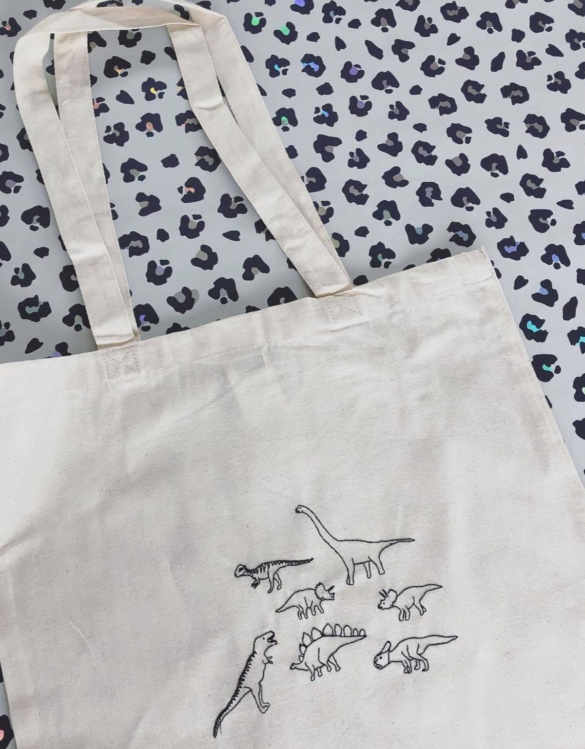 Embroidered Dinosaur Natural Tote Bag | Etsy