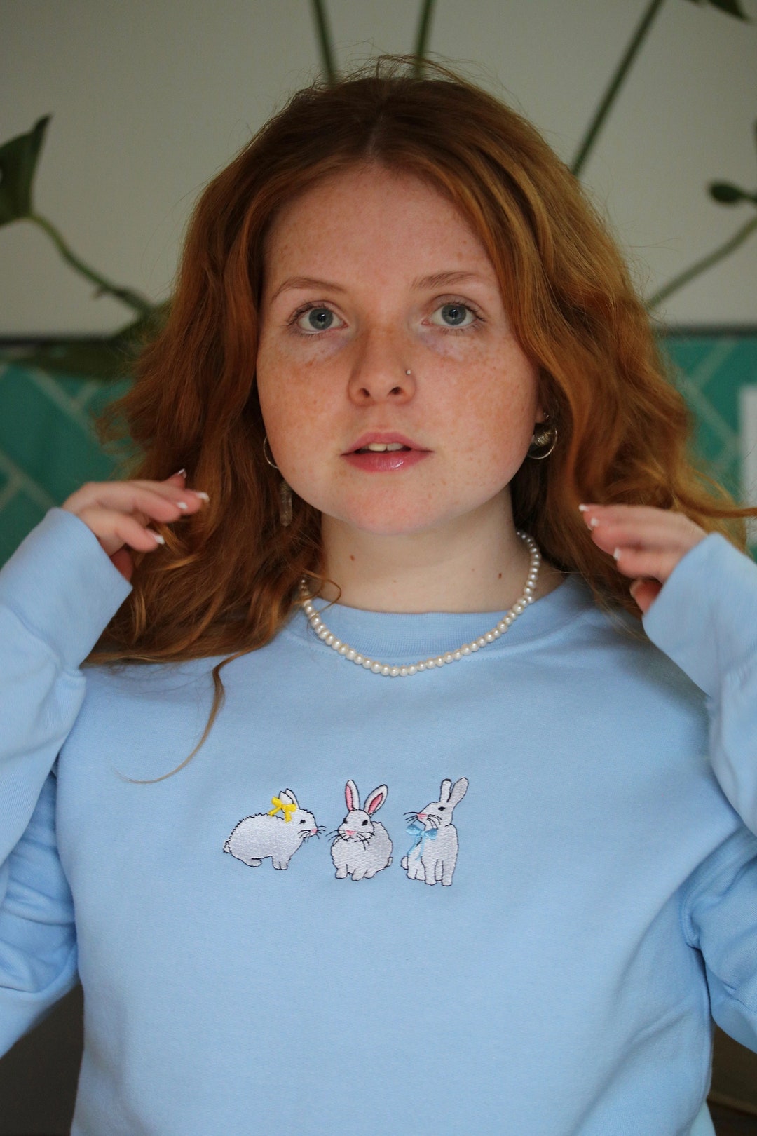 Rabbit Embroidered Sweater for Easter - Cute Bunny Design - Handcrafted ...