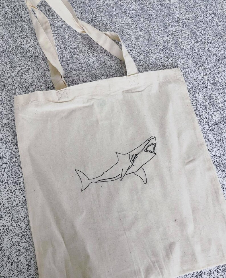 Embroidered Shark Natural Tote Bag - Etsy