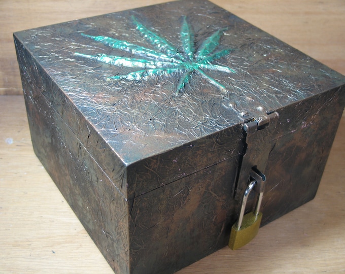 Wood Stash Locking Box Handmade Bronze Sativa Leaf Tobacco - Etsy