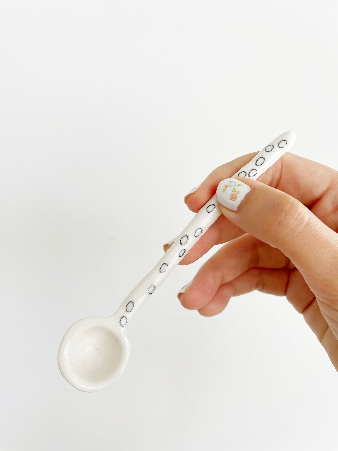 White Porcelain Ceramic Salt Sugar Spoon With Black Pencil Line Circles ...