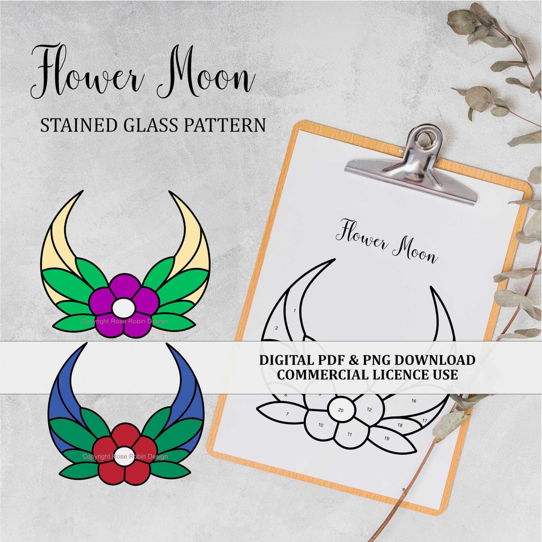 Flower Moon Stained Glass Pattern Instant Download PDF & PNG Files ...
