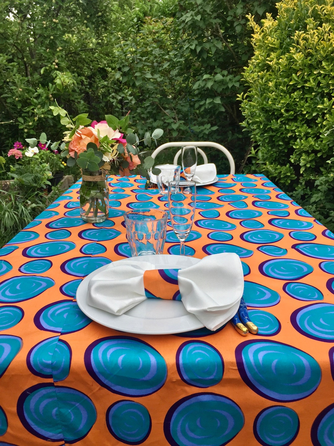 African Wax Tablecloth - Orange and Blue Geometric Pattern Tablecloth ...