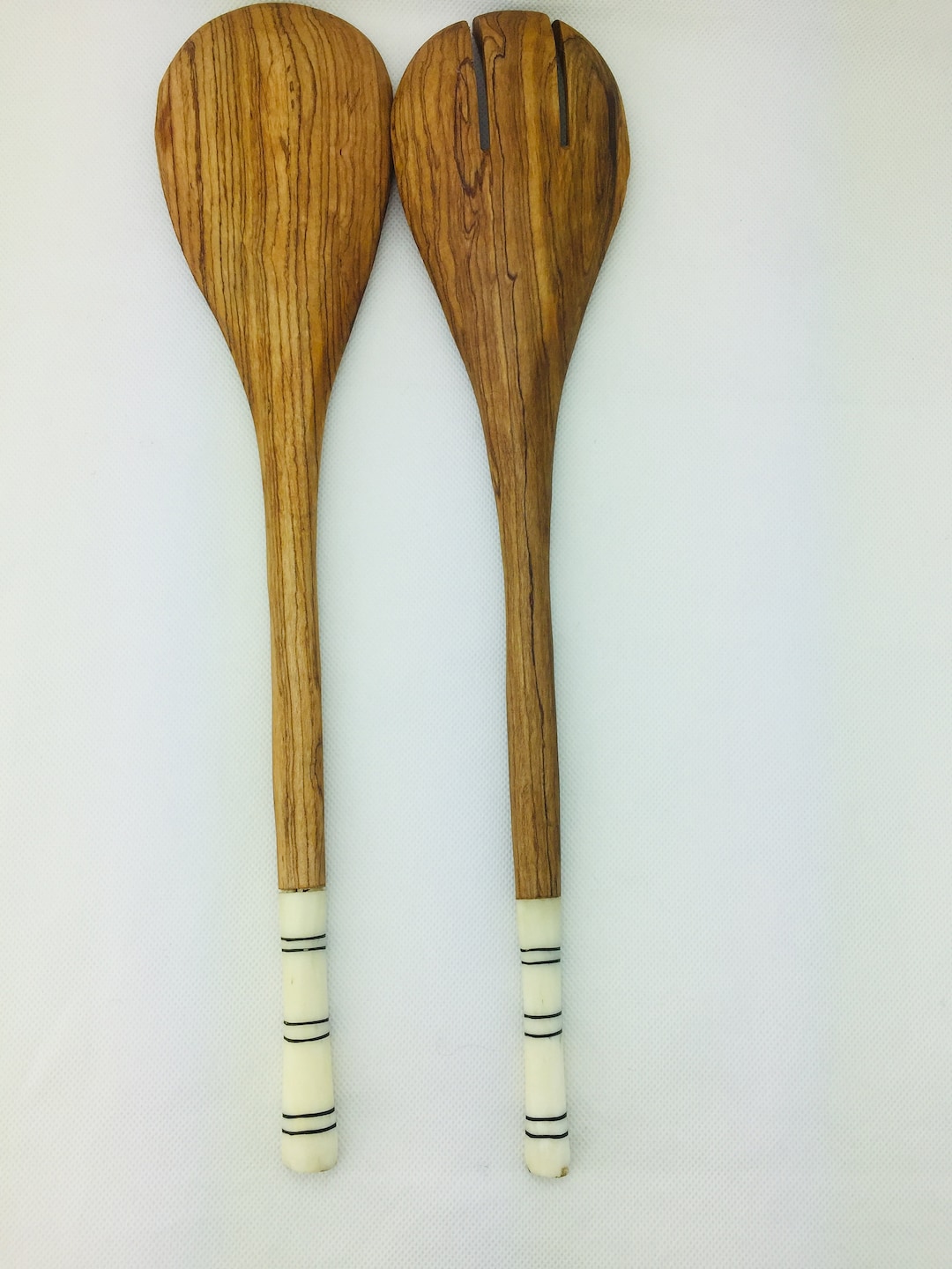 Ethnic Olive Wood Salad Servers, Hand Carved Horn Handle, Handmade ...