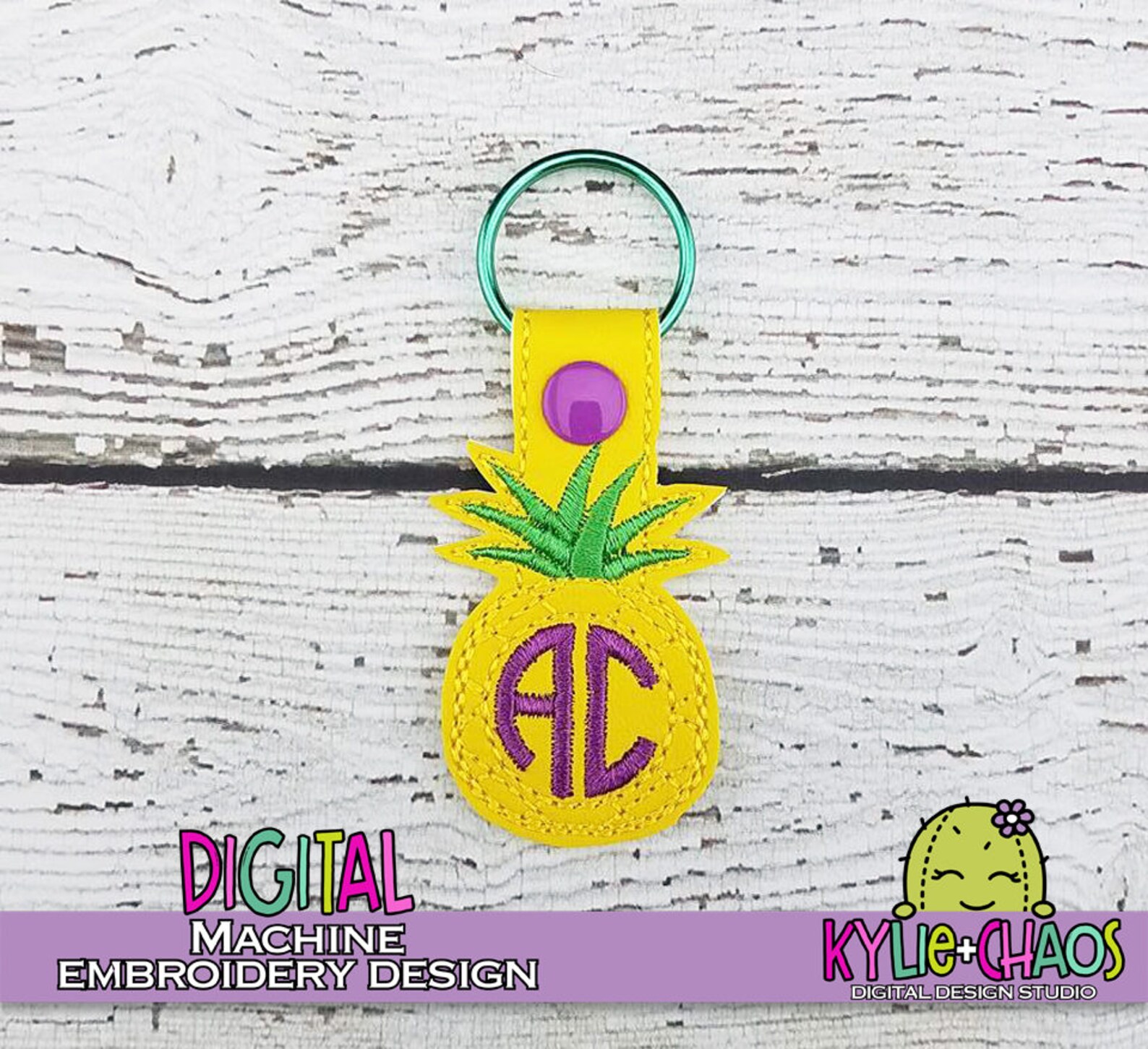 Monogram Pineapple Key-chain Snap Tab Planner Charm Machine Embroidery ...