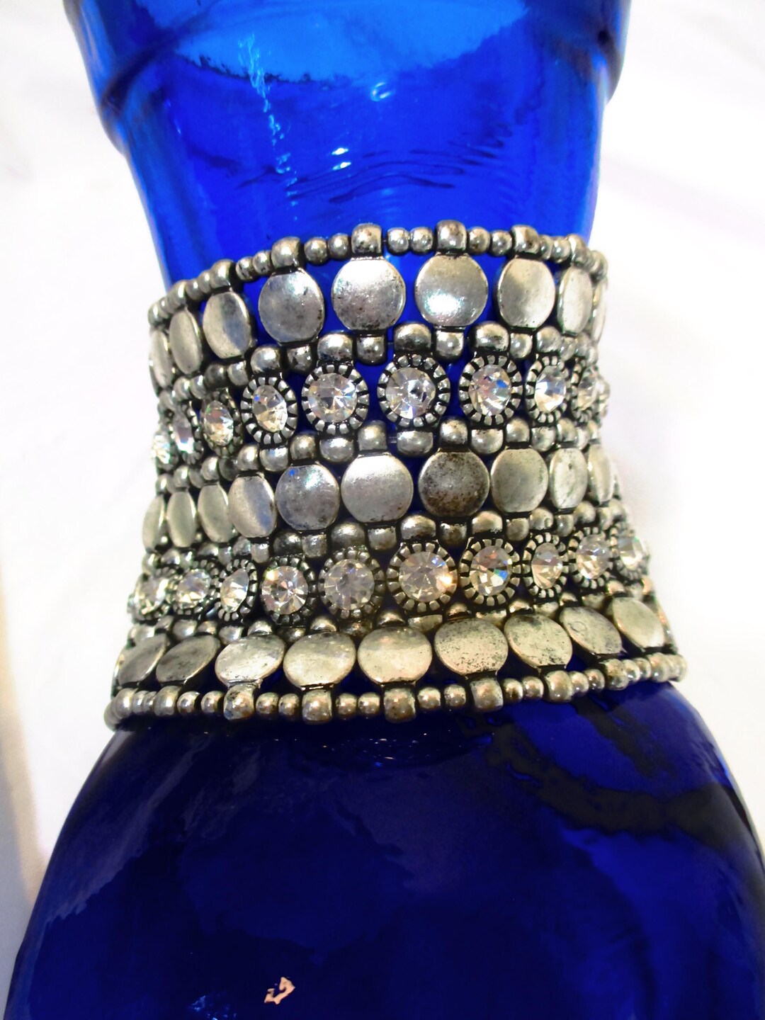 2 1/4" Wide Elasticized 90s Bracelet: Rows of Silvertone Beads Divide ...