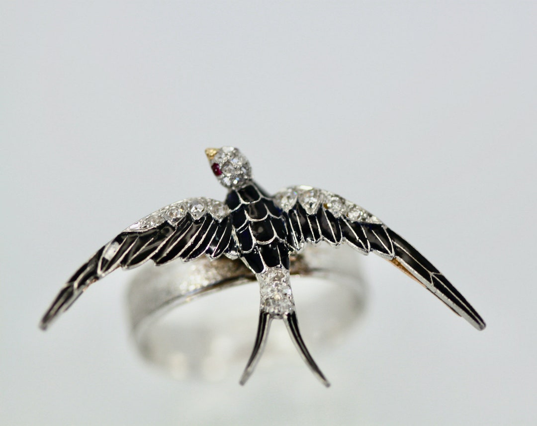 Antique Victorian Enamel Swallow Ring - Etsy
