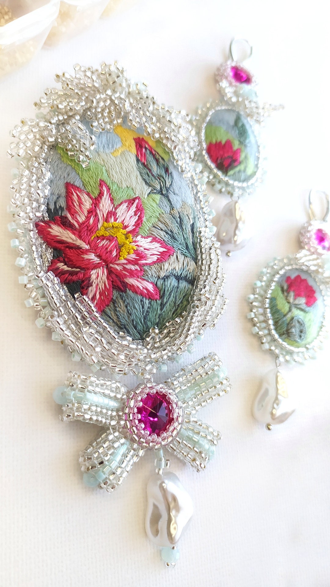 Embroidered Brooch Rococo Style Pendant, Pink Lotus Pendant, Crystal ...