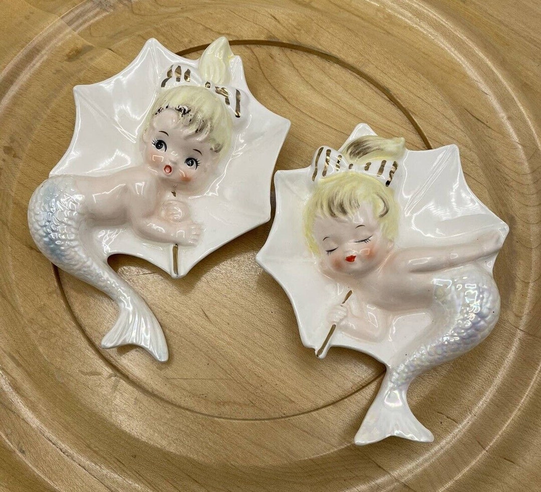 Vintage Enesco Ceramic Mermaids Umbrellas Wall Hangers Plaques Figurine ...