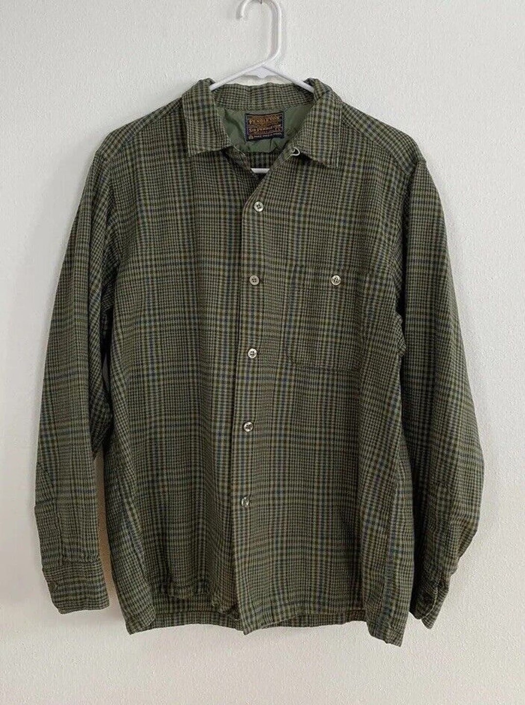Vintage 60's PENDLETON Wool Barn Shirt Green Plaid Flap Pocket LOOP USA ...