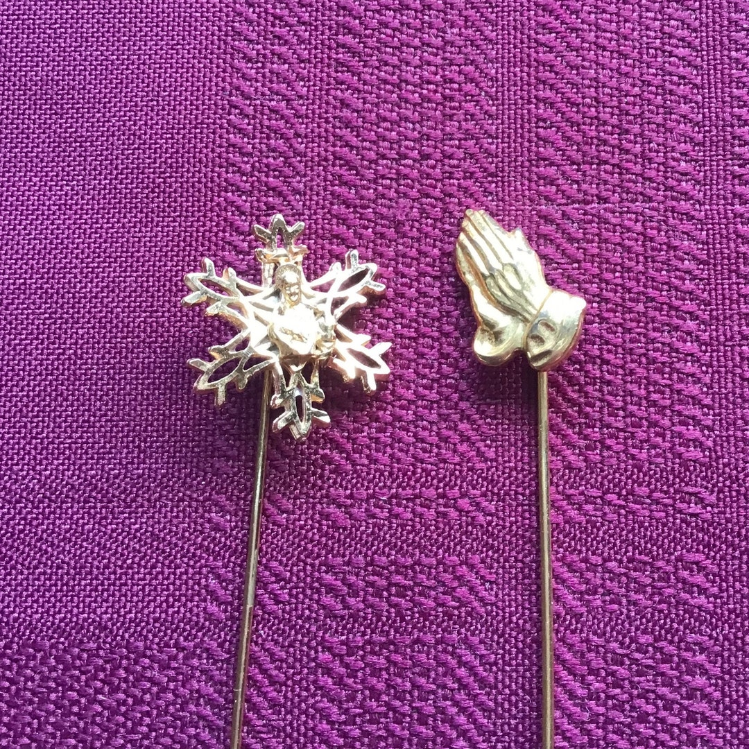 Pair of Gold Stickpins/ Praying Hands/ Religious Icon/ Snowflake Design ...