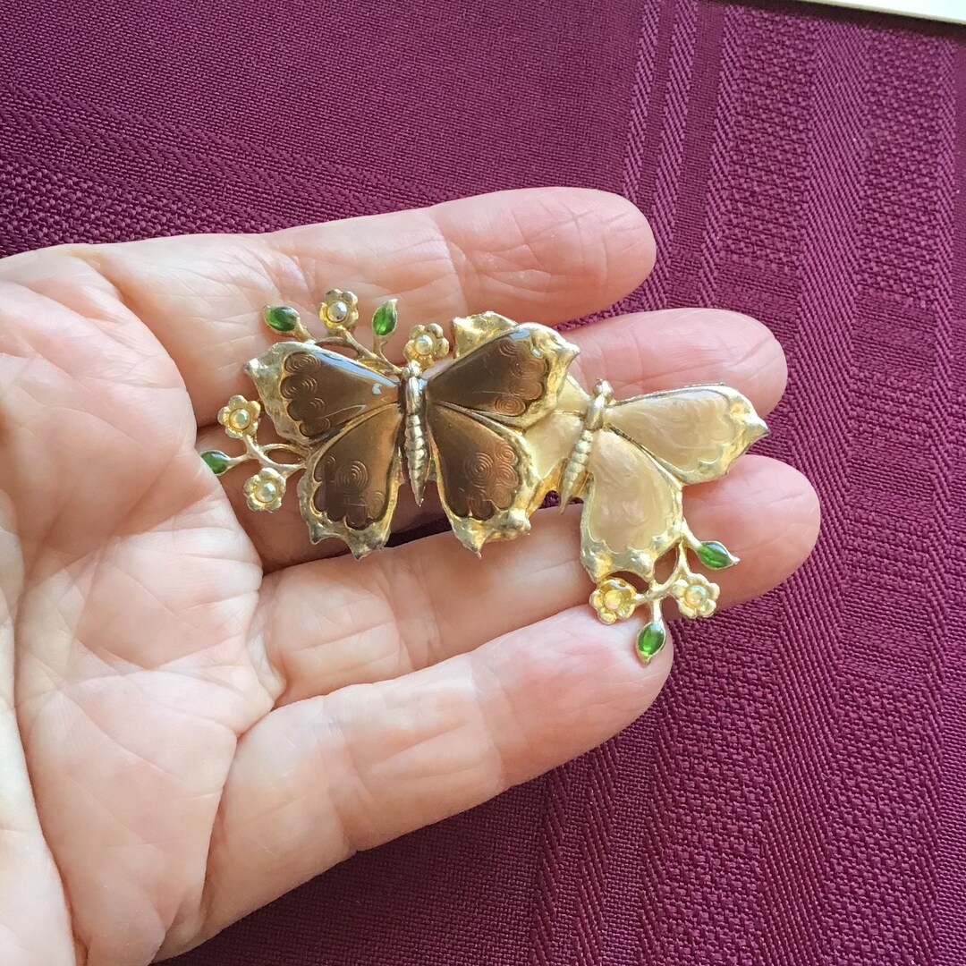 Vintage Enamel Butterfly Brooch/pair of Butterflies/brown and Cream ...