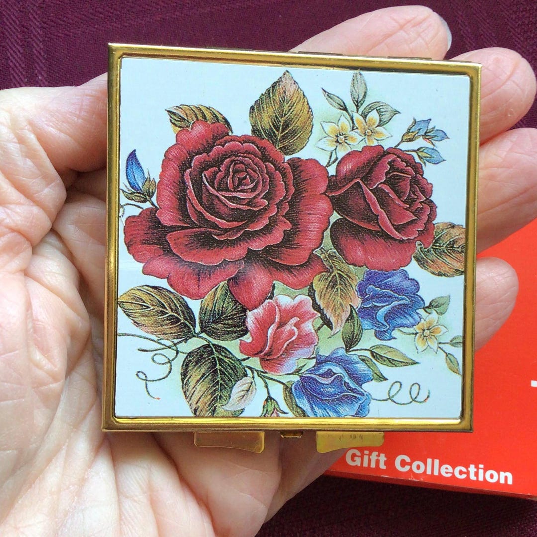 Vintage AVON Pill Box/ Square Gold Box/ Red Roses/ Country Rose Design ...
