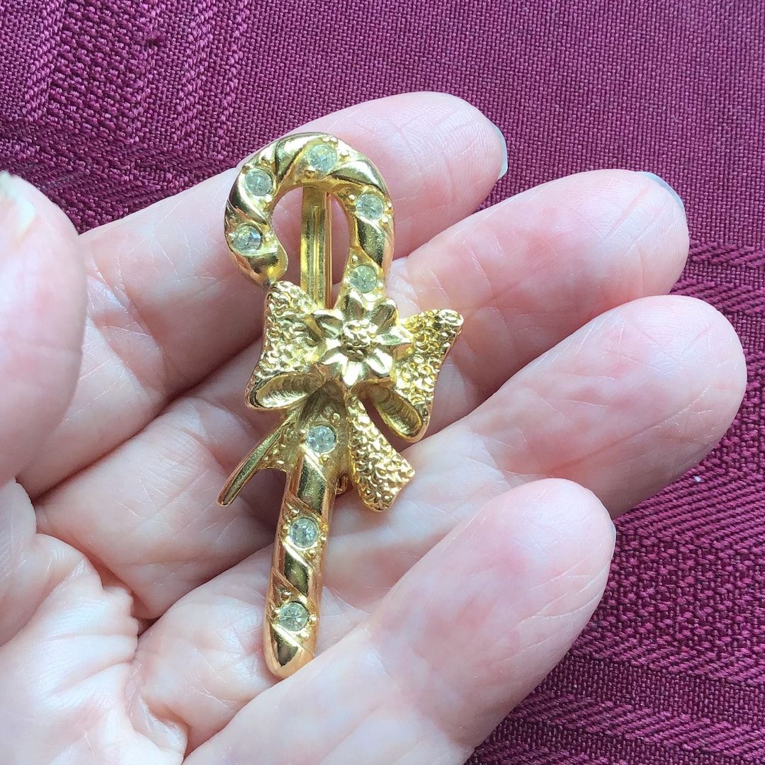 Vintage Rhinestone Candy Cane Pin: Gold Christmas Brooch With Bow - Etsy