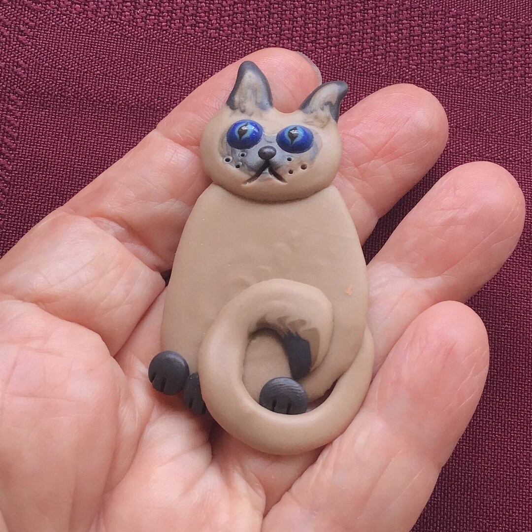 Vintage Googly Eyed Cat Pin/ Handmade Resin Brooch/ Siamese Cat/ Signed ...