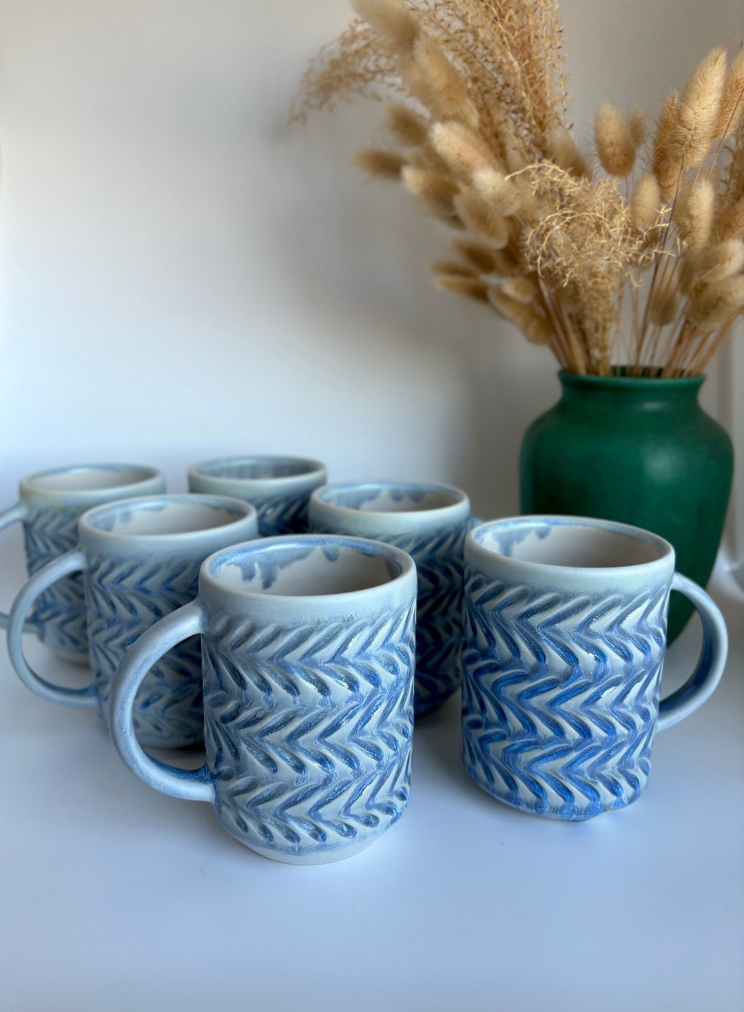 Vine Mug in Glacier Melt Wheel-thrown, Handmade Carved Mug in Drippy ...