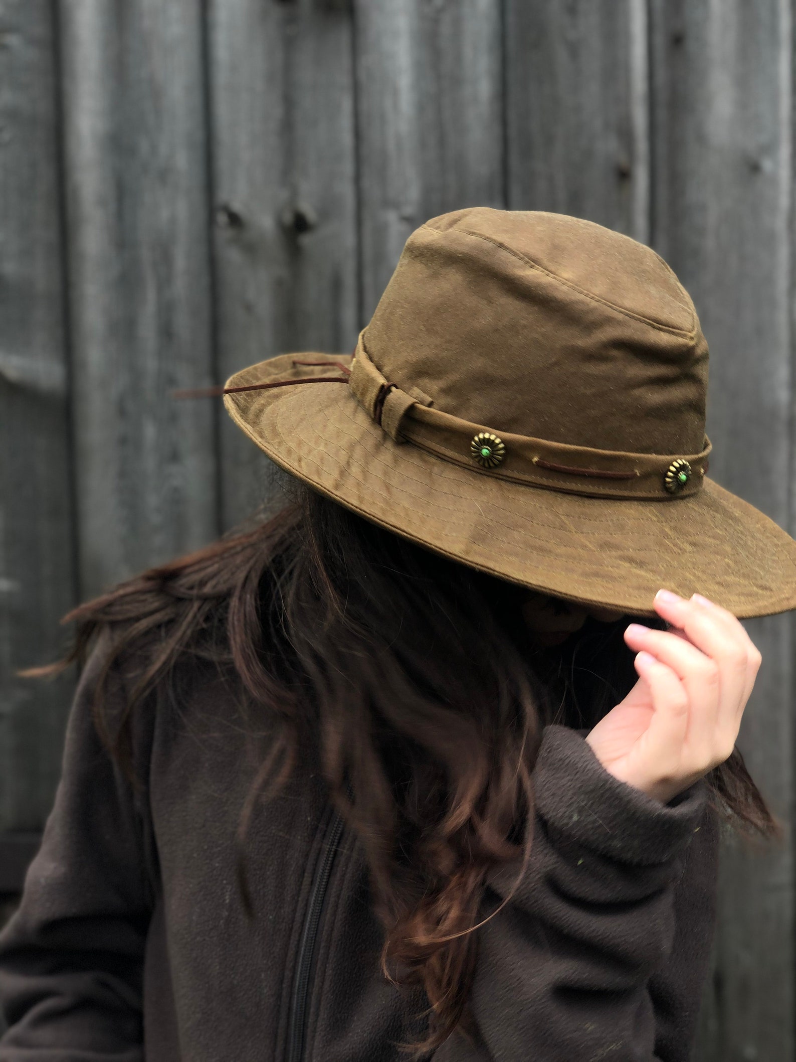 Waxed Cotton Fedora Rain Hat: Turquoise Studded Waterproof Country Hat ...
