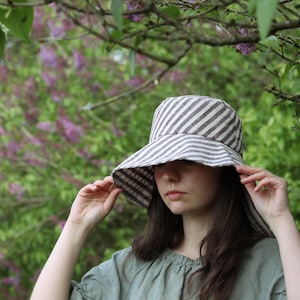 Organic Cotton Linen Sun Hat: Plum Stripe Bucket Hat With Ties - Etsy