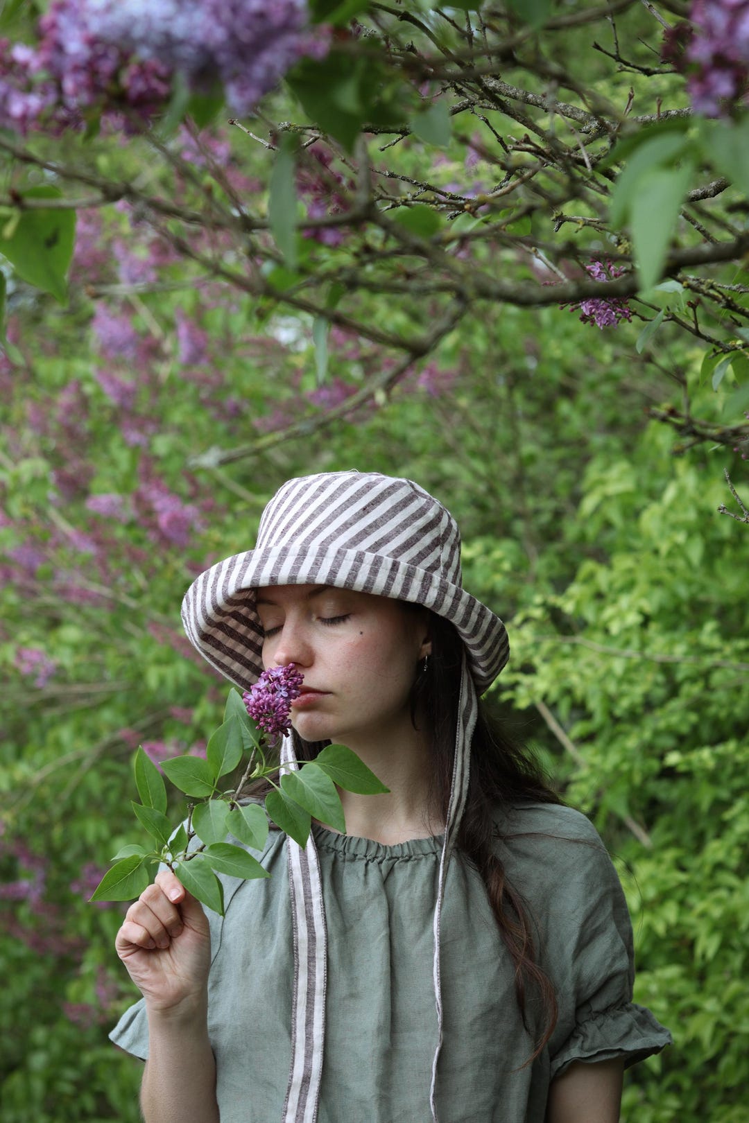 Organic Cotton Linen Sun Hat: Plum Stripe Bucket Hat With Ties - Etsy