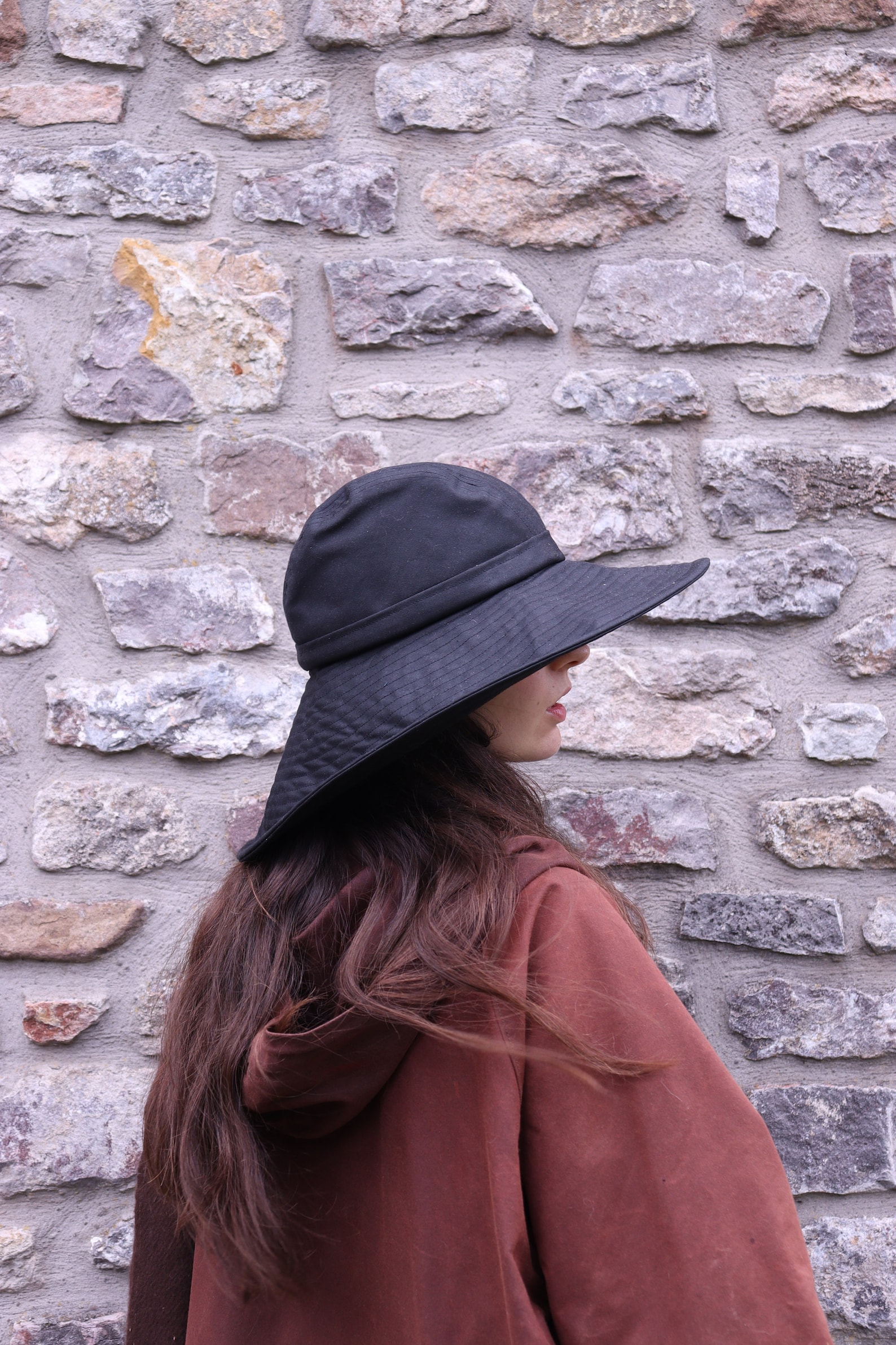 Black Waxed Cotton Rain Hat: Large Brim, Collapsible Waterproof Hat ...