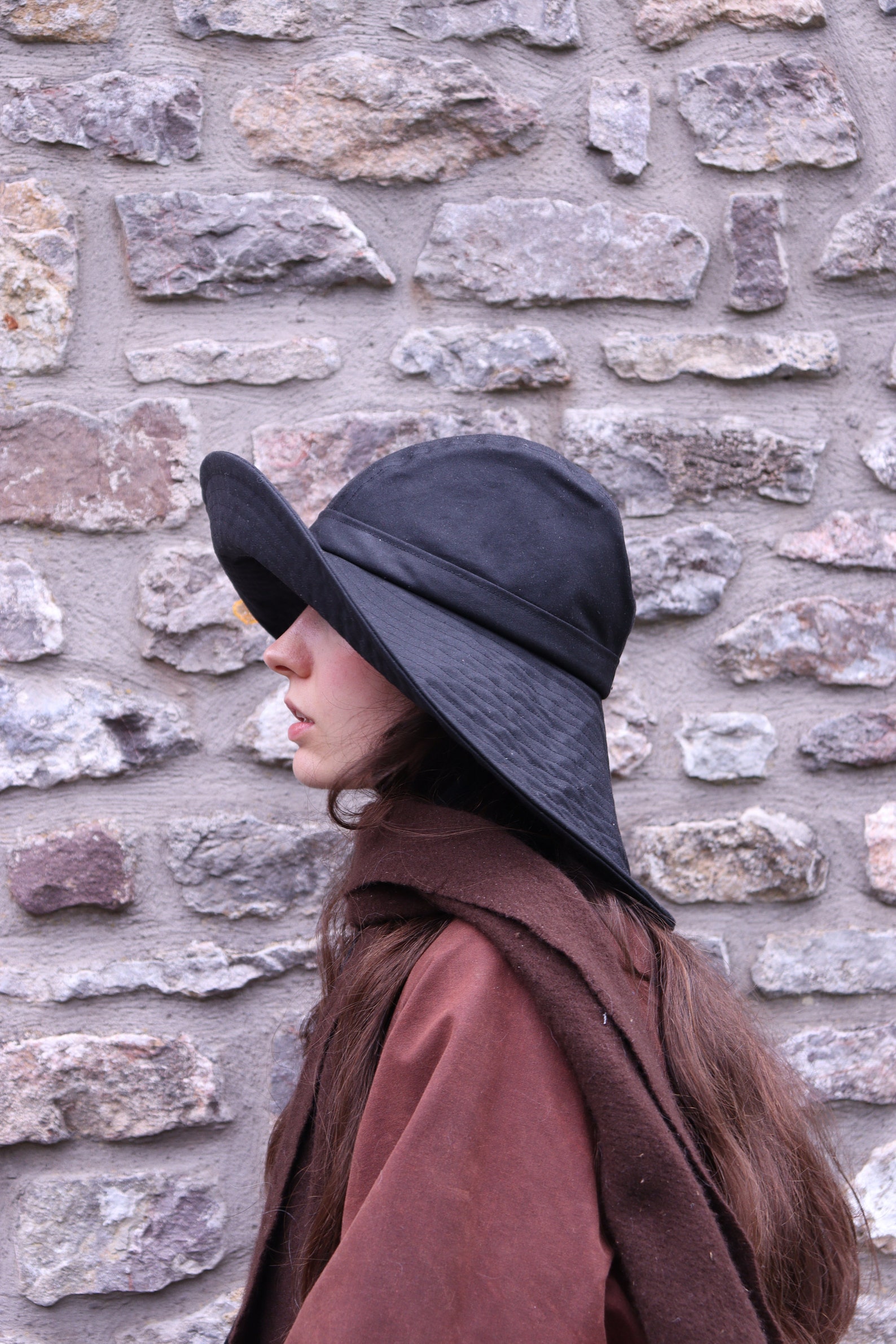 Black Waxed Cotton Rain Hat: Large Brim, Collapsible Waterproof Hat ...
