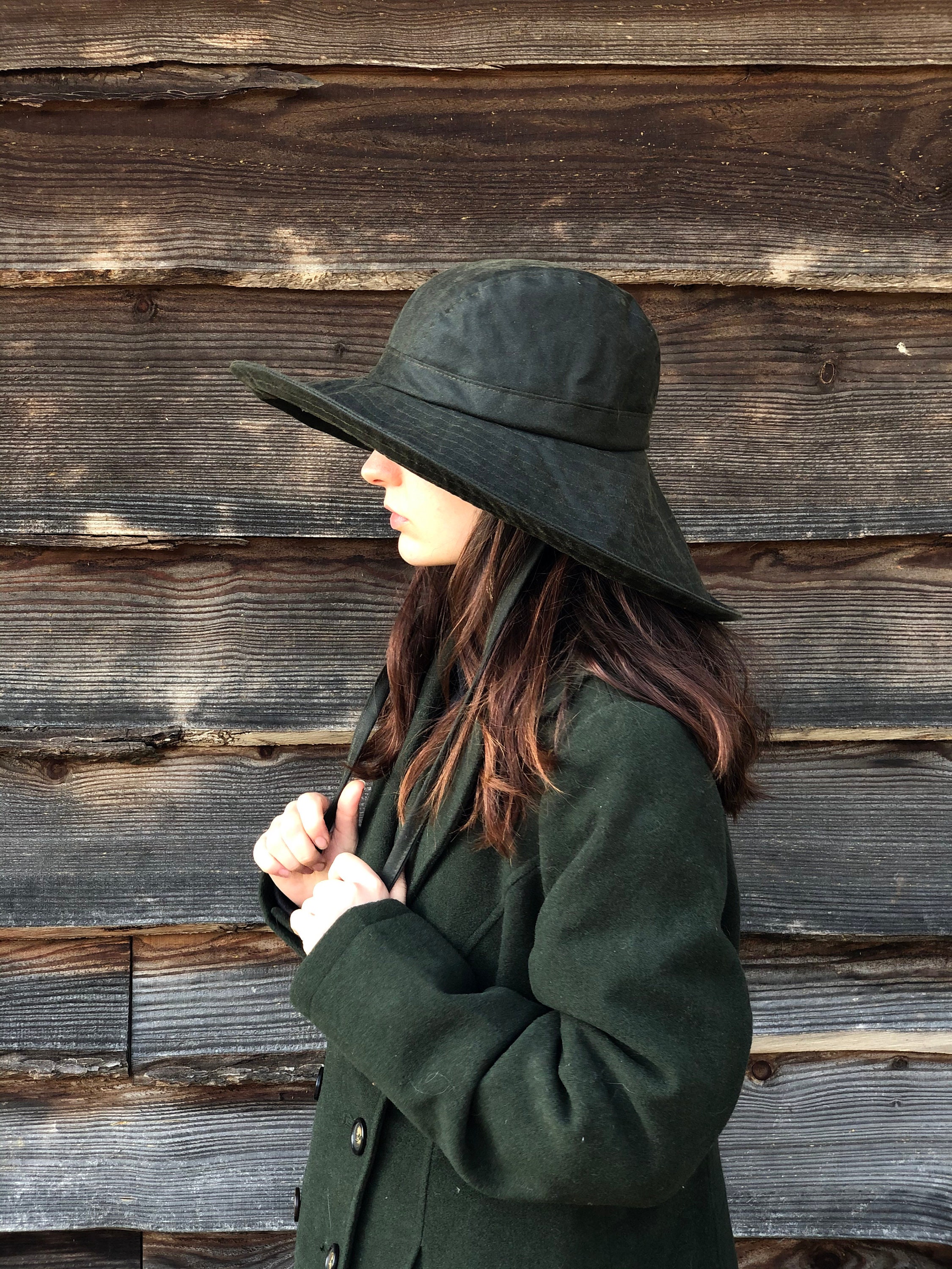 Green Waxed Cotton Rain Hat: Collapsible, Waterproof, Wide Brim, Storm ...