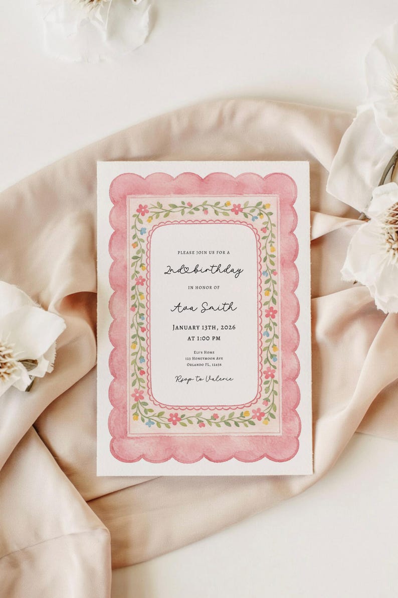 Colorful Floral Pink Scalloped Birthday Invitation,editable Canva ...
