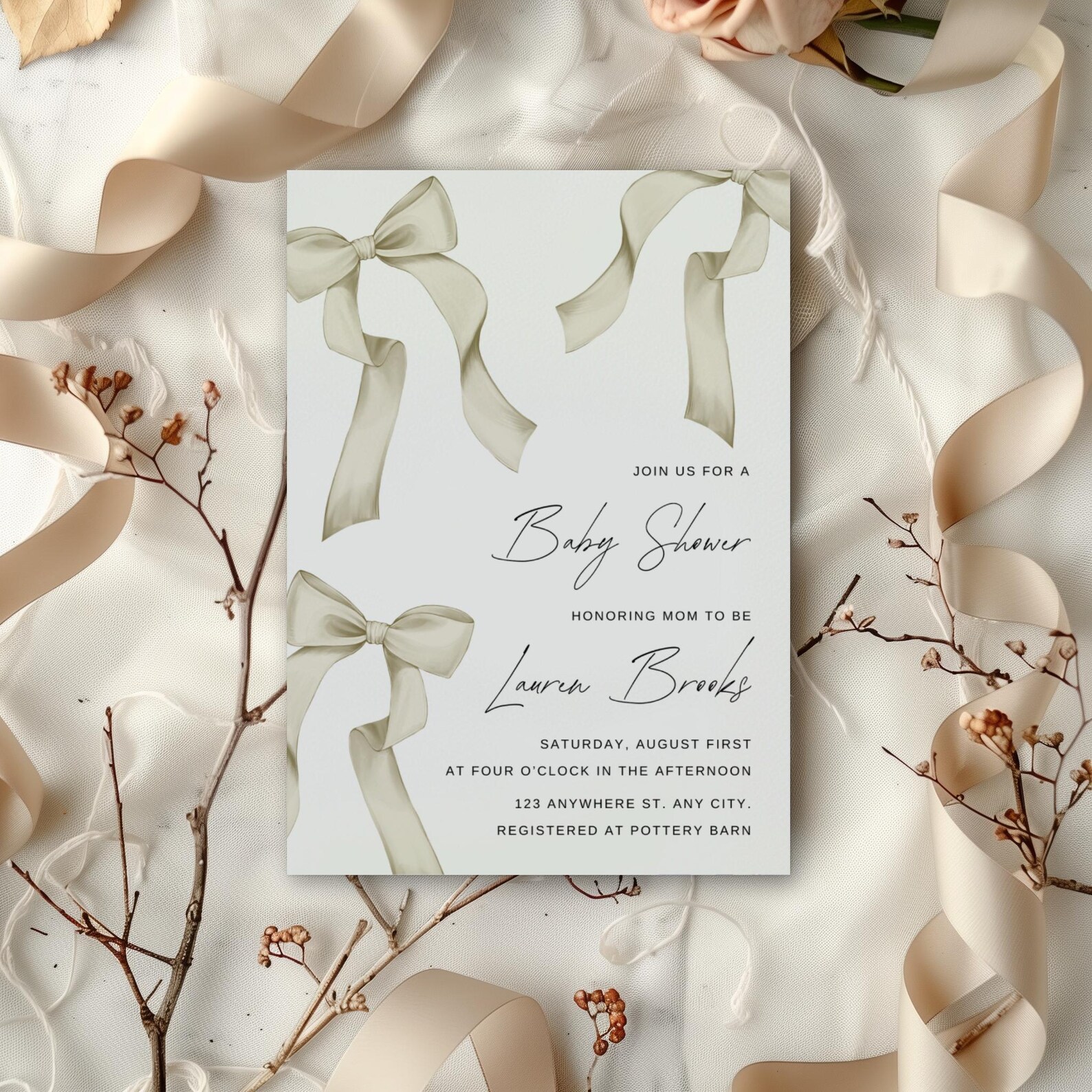 EDITABLE Beige Bow Baby Shower Invitation,gender Neutral Baby Shower ...