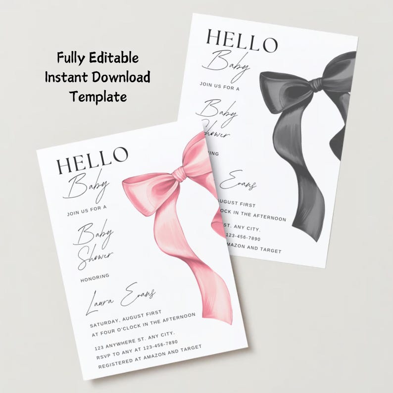 Invitación editable para baby shower con lazo rosa Hello Baby, baby ...
