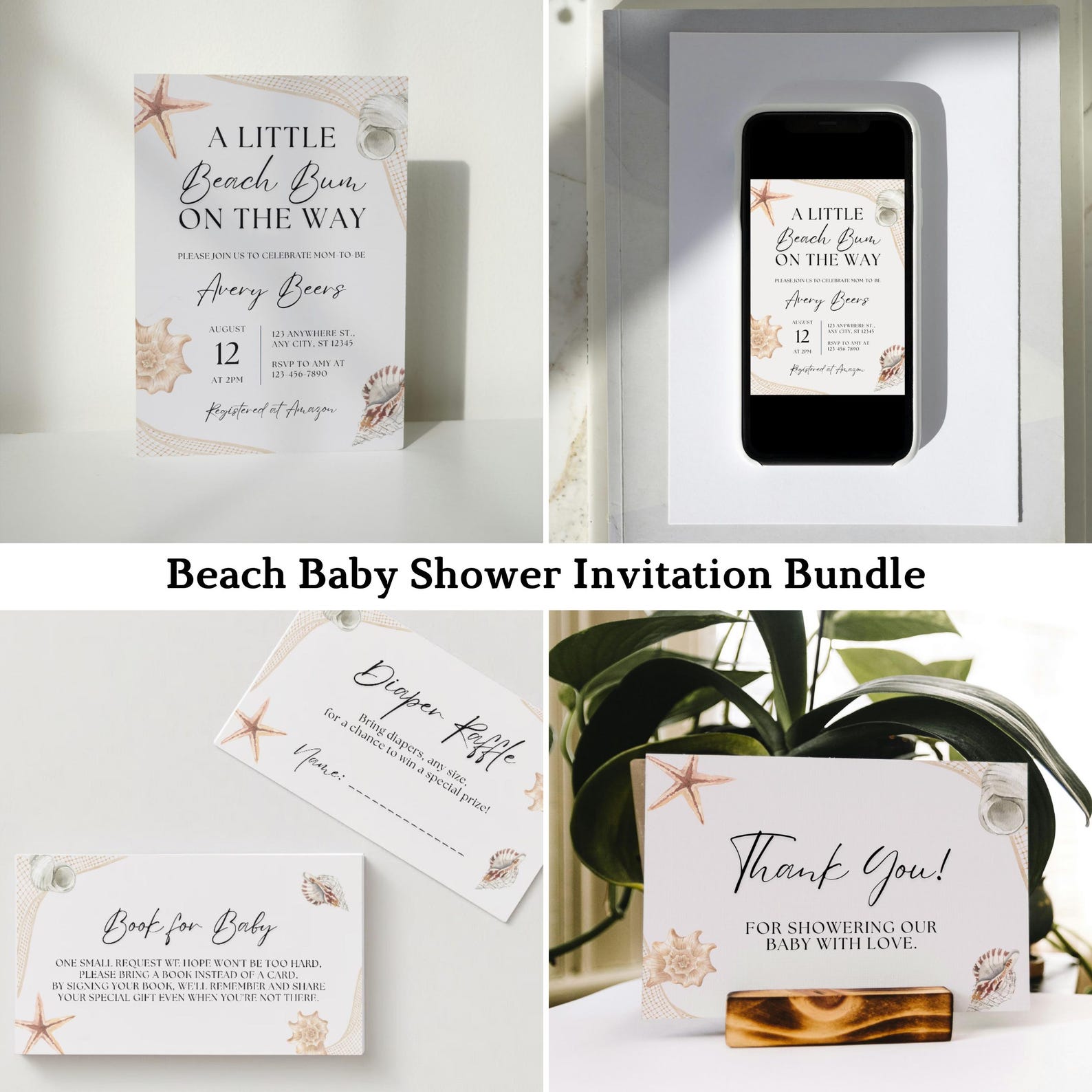 Beach Bum Baby Shower Invitation Bundle,editable Beach Baby Shower,book ...