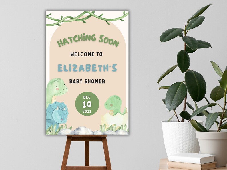 Hatching Soon Baby Shower Welcome Sign Template Dinosaur, Boho Baby ...